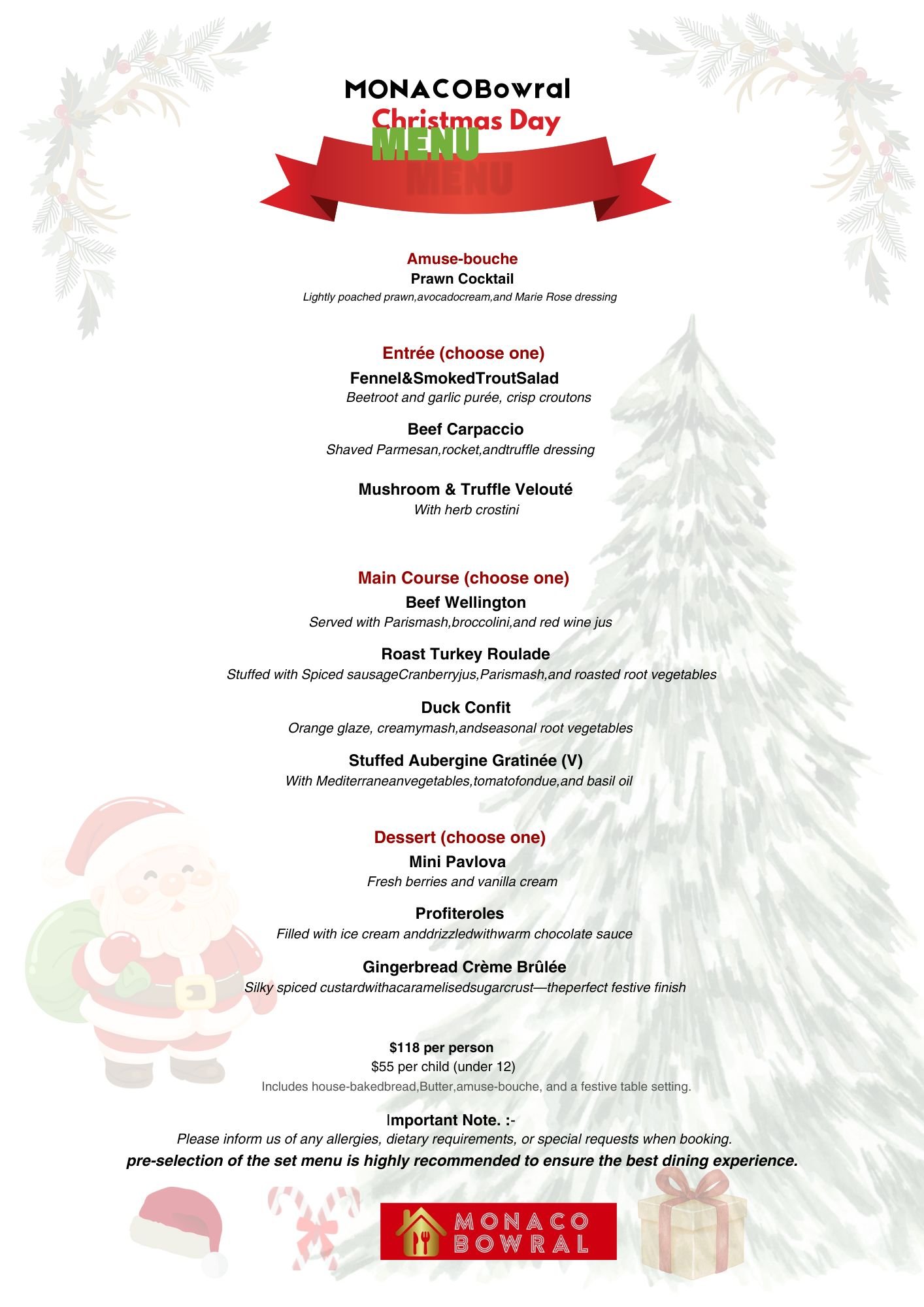Menu - Monaco Bowral Restaurant
